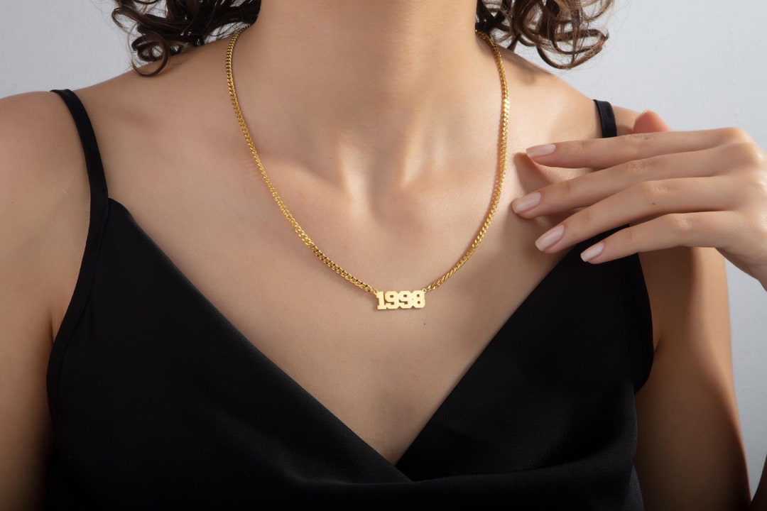 14K Gold Birthdate Cuban Chain Necklace, Personalized Date Number ...