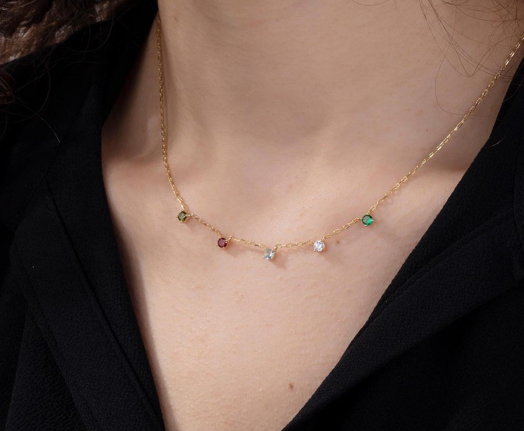 14K Gold Multi Birthstone Necklace, Personalized Family Gemstone ...