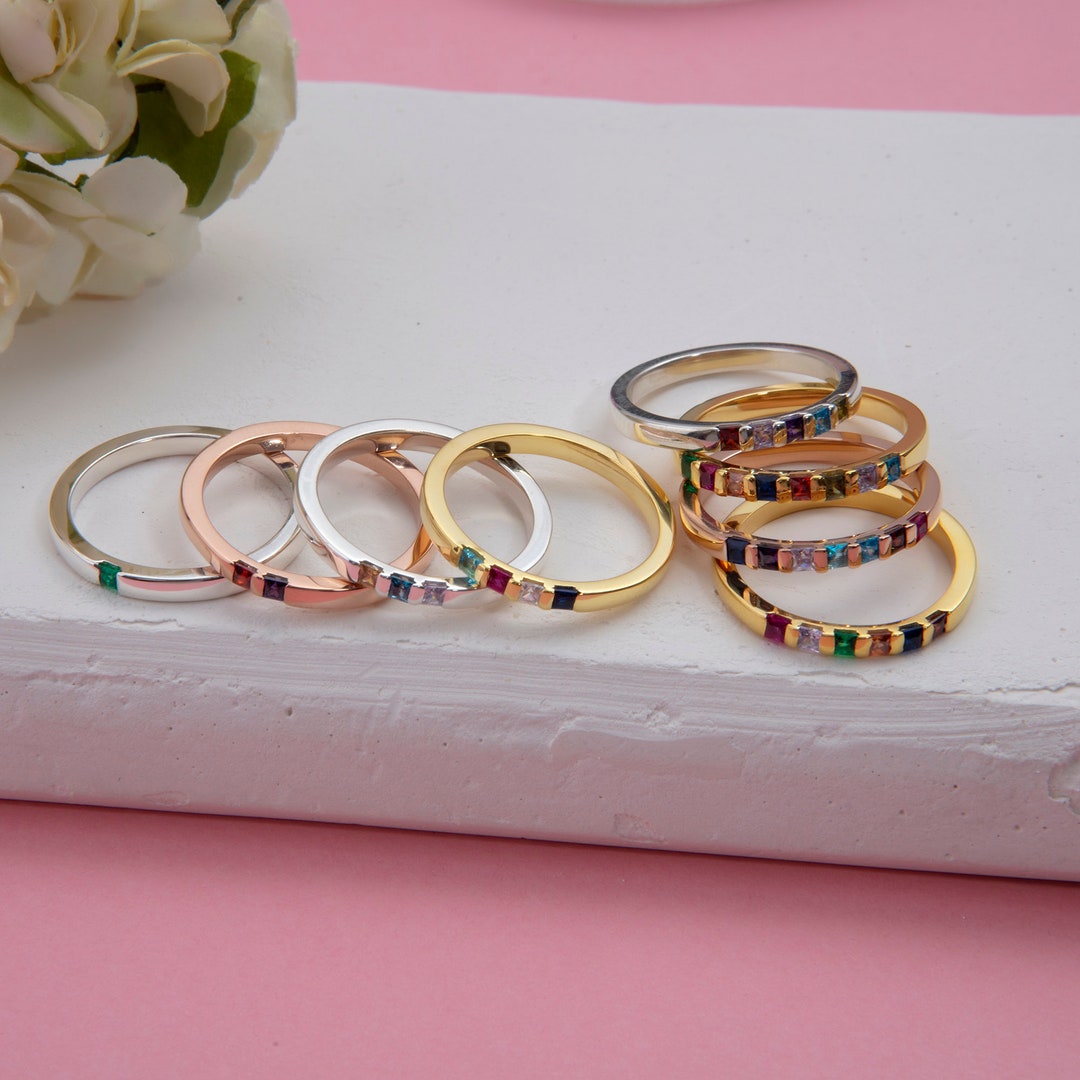 14K Gold Princess Birthstone Stackable Ring, Family Birthstone Rings ...