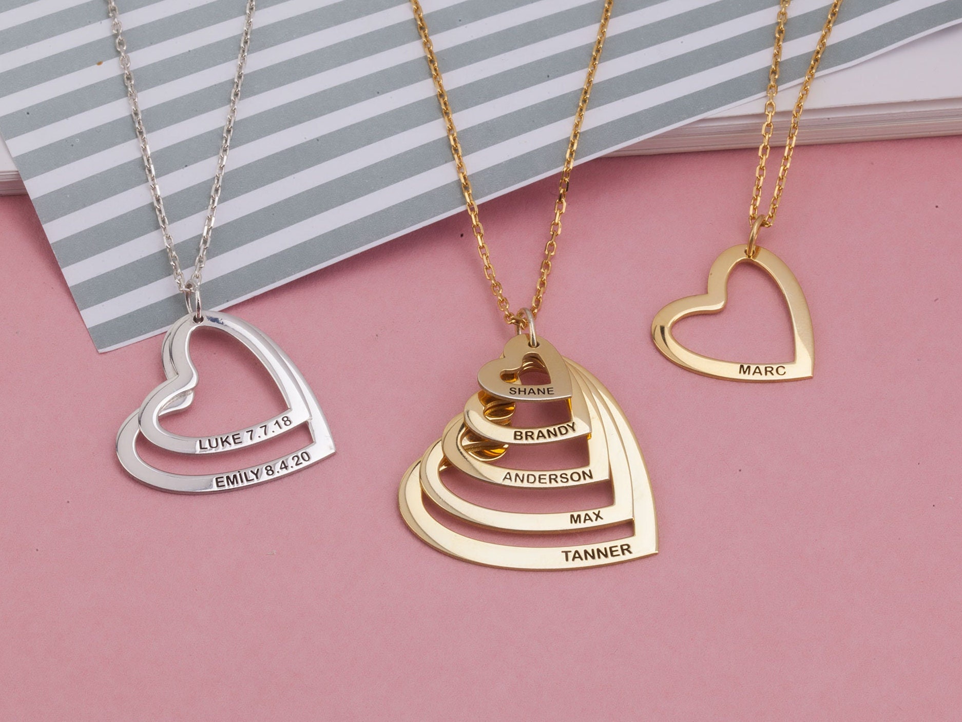 14K Gold Heart Name Necklaces, Personalized Gifts for Mom, Silver ...