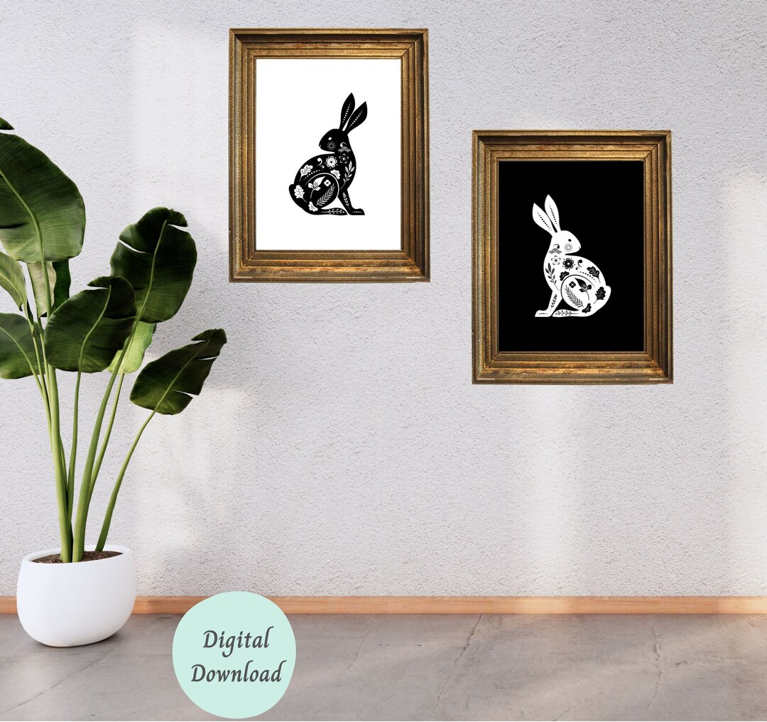 2 Modern Rabbit Prints Instant Art Printable Wall Decor Wall Art Black ...