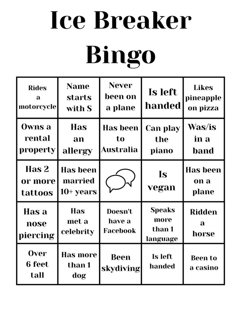 Ice Breaker Bingo Card, Bingo Party Card Games, Social Gathering ...
