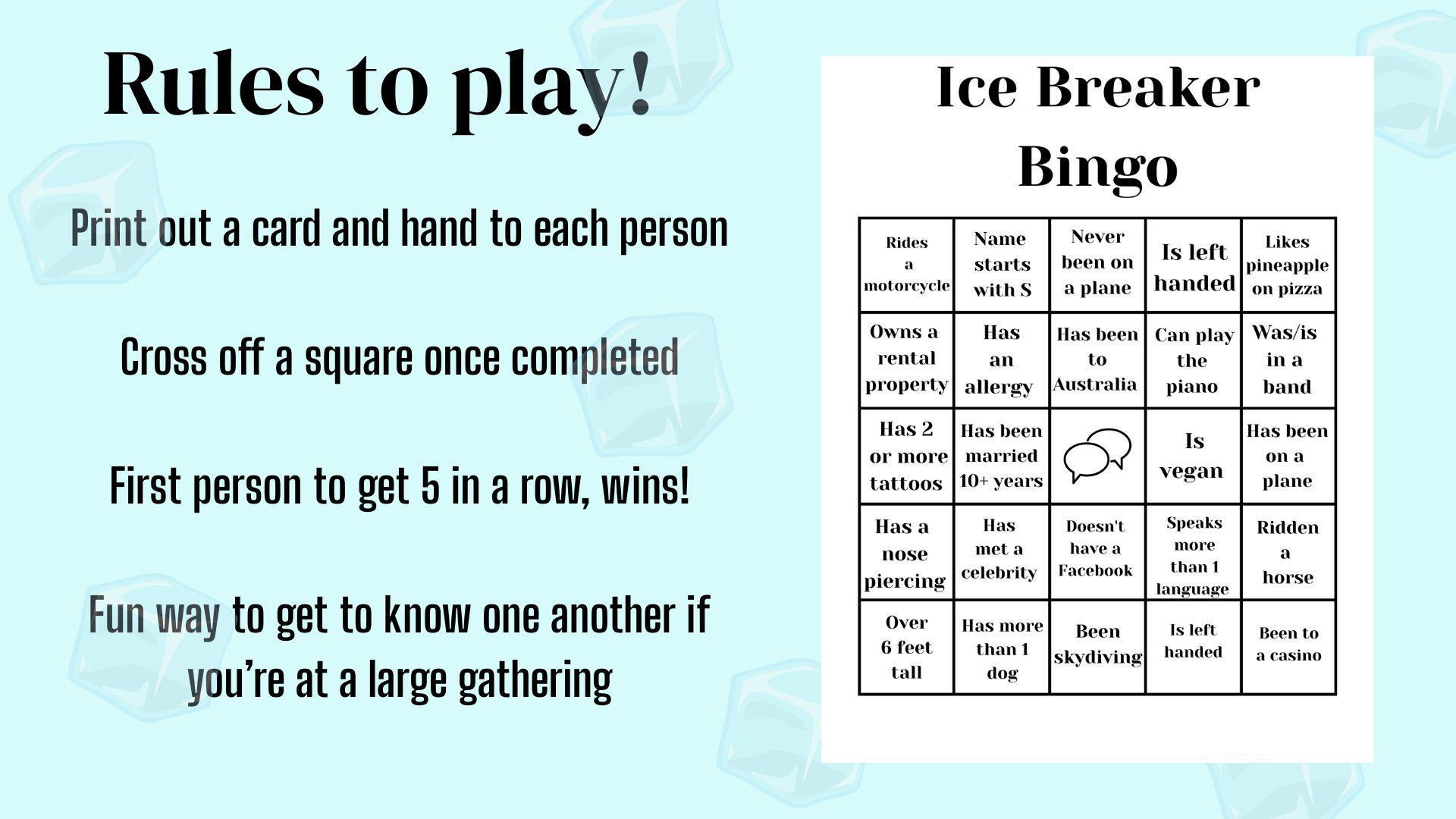 Ice Breaker Bingo Card, Bingo Party Card Games, Social Gathering ...