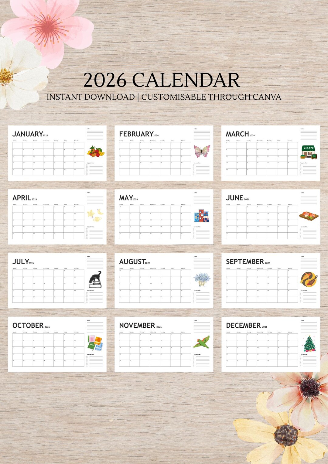 2026 Wall Calendar | 1920x1080 - Printable PDF | Customisable | Digital ...