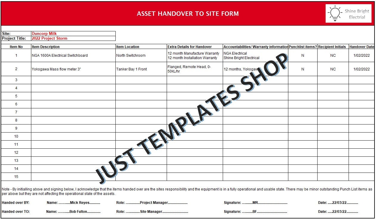 Equipment Handover Form Template Asset Handover Asset Etsy