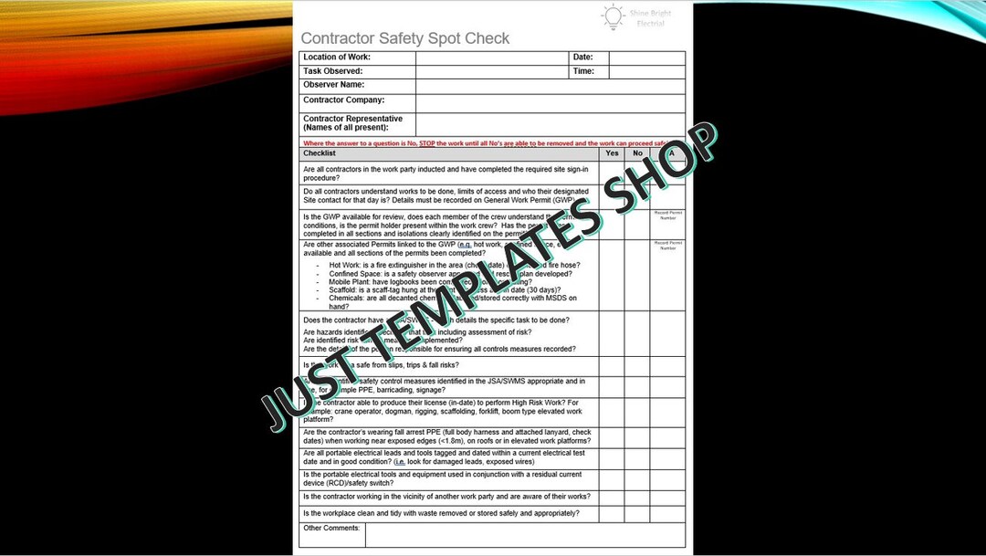 Contractor Safety Spot Check, Safety Inspection, Safety Checklist ...