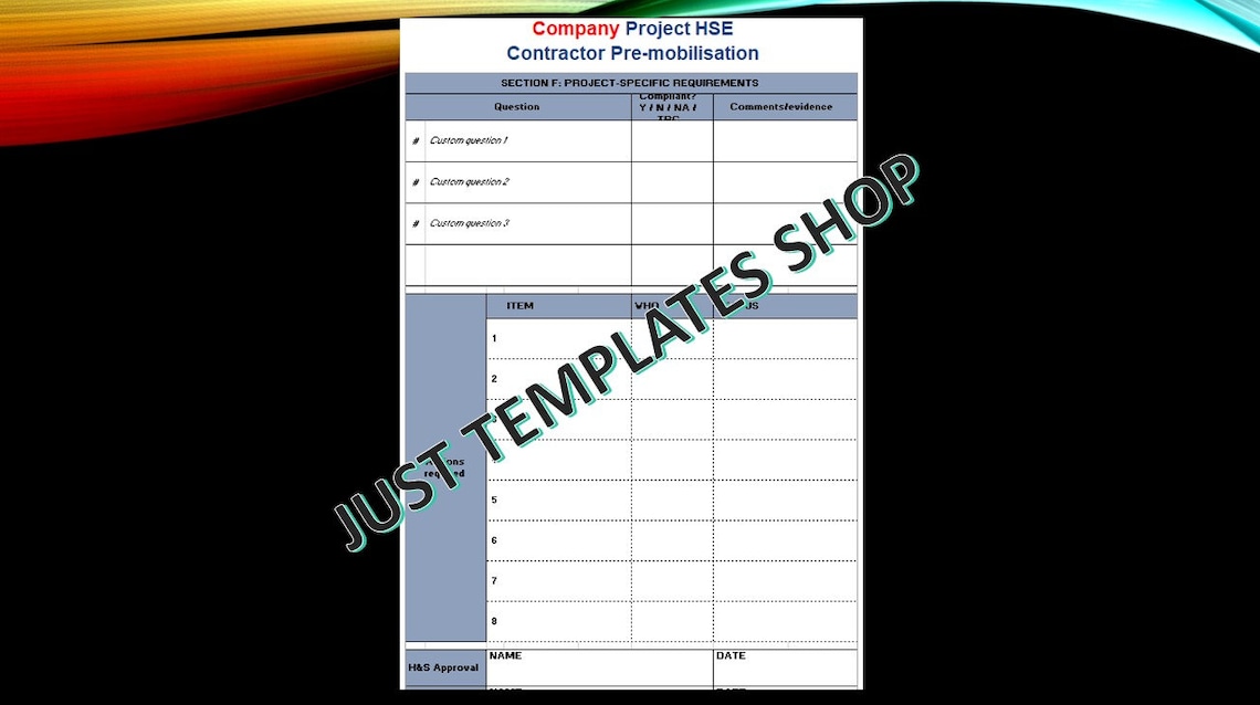 Contractor HSE Pre-mobilization Checklist Questionnaire Project Form - Etsy