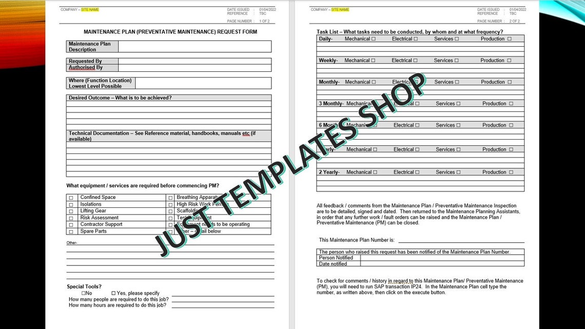 Maintenance Plan Preventative Maintenance Request Form PM - Etsy