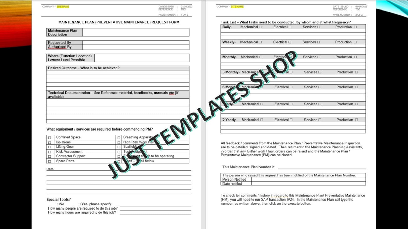 Maintenance Plan Preventative Maintenance Request Form PM - Etsy