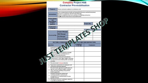 Contractor HSE Pre-mobilization Checklist Questionnaire | Etsy
