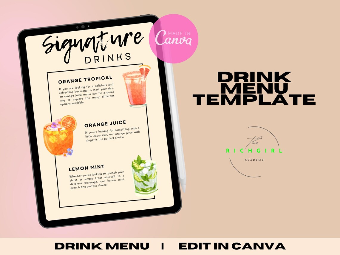 Signature Drink Sign, Modern Editable Drink Menu, Printable Bar Menu ...