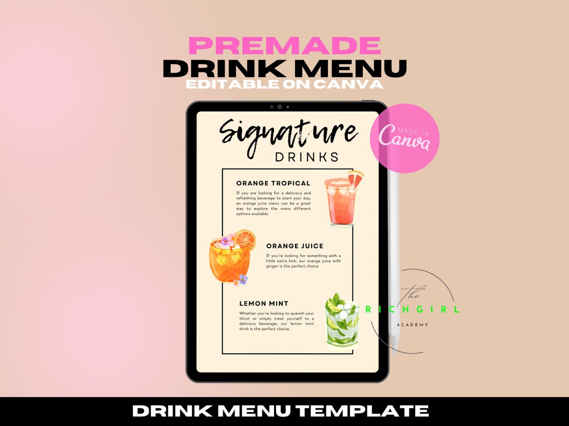 Signature Drink Sign, Modern Editable Drink Menu, Printable Bar Menu ...