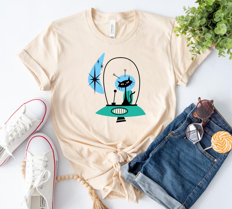 Atomic Space Cat Mid Century Quirky Style Tshirt, Retro Graphic Tee ...
