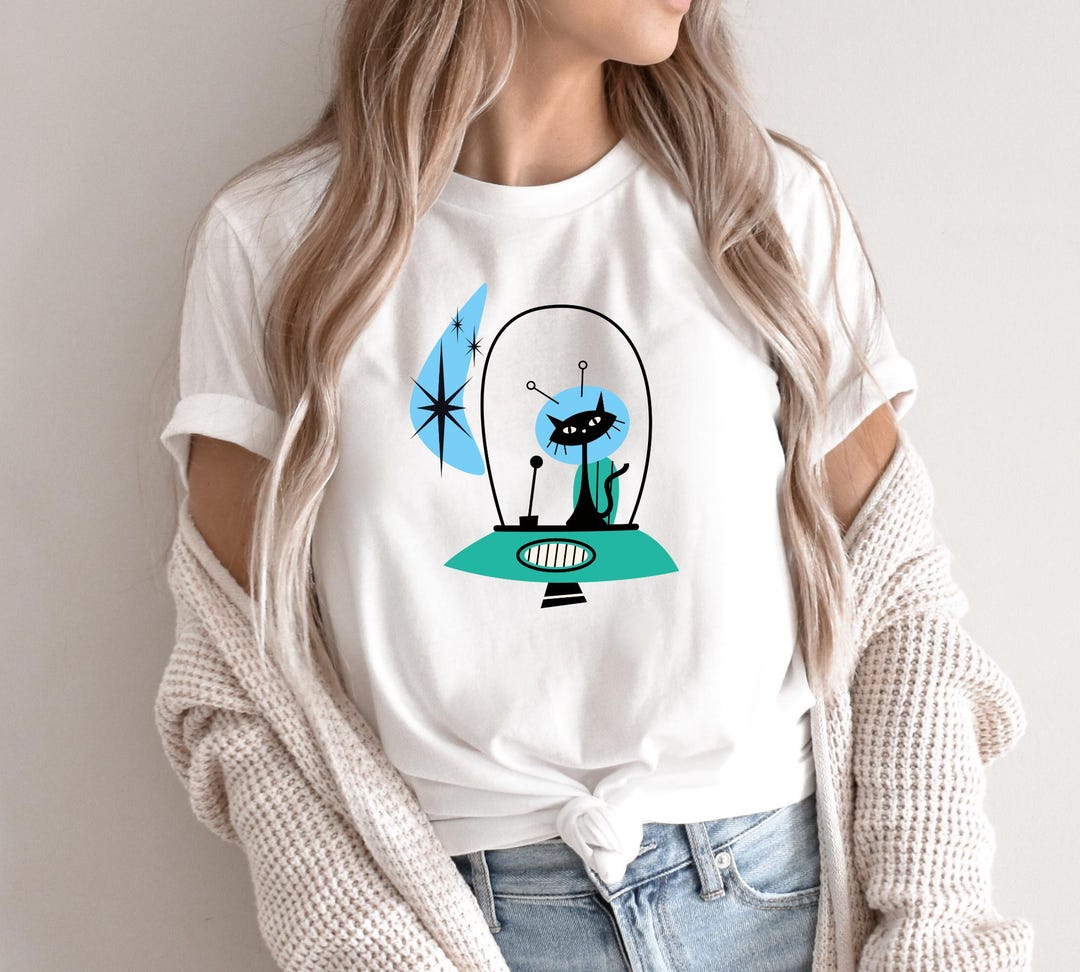 Atomic Space Cat Mid Century Quirky Style Tshirt, Retro Graphic Tee ...