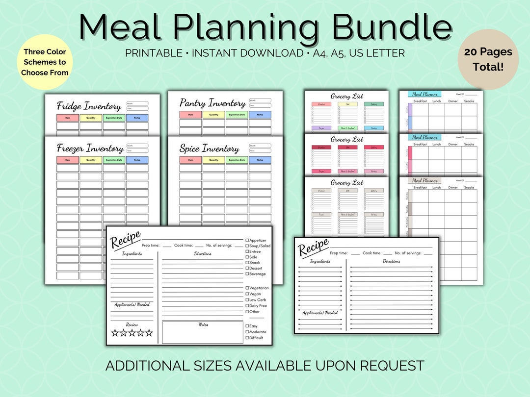 Printable Recipe Card, Grocery List, Weekly Meal Planner, Kitchen ...
