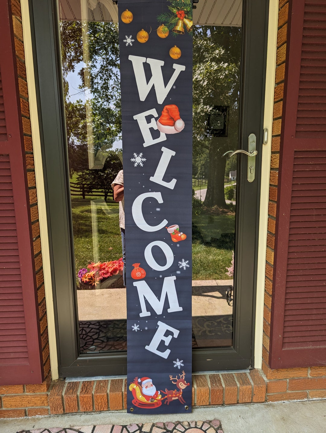 Nylon Sign 6ft Long Black Welcome Sign W/gold Balls on Top & Santa on ...