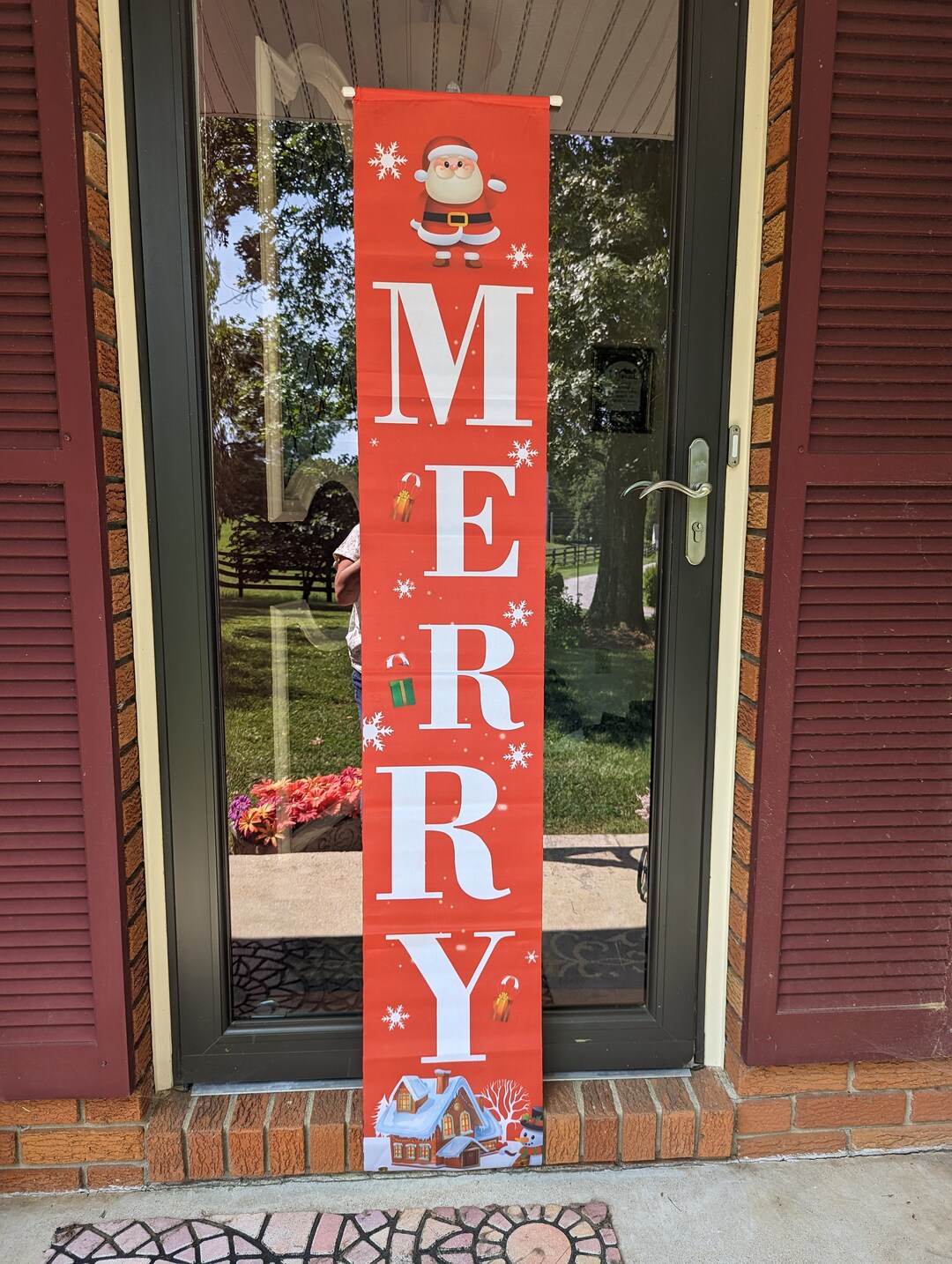 Nylon Sign 6ft Long Red Merry Sign With Santa at Top & Snowman at ...