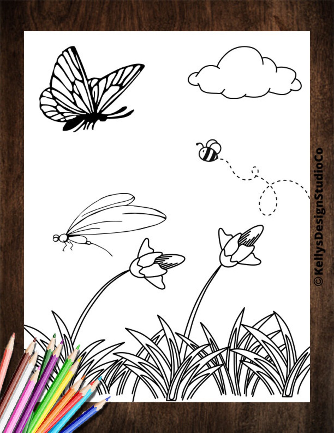 Spring Flowers Insects Coloring Page Printable Download - Etsy