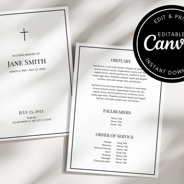 Traditional Funeral Program Template - Etsy