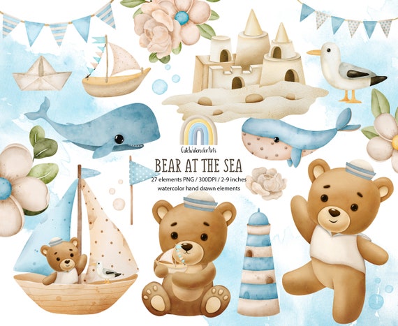 Watercolor Teddy Bear Clipart. Nautical Kids Clip Art. Baby - Etsy