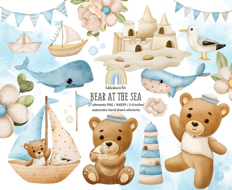 Watercolor Teddy Bear Clipart. Nautical Kids Clip Art. Baby Boy Clip ...