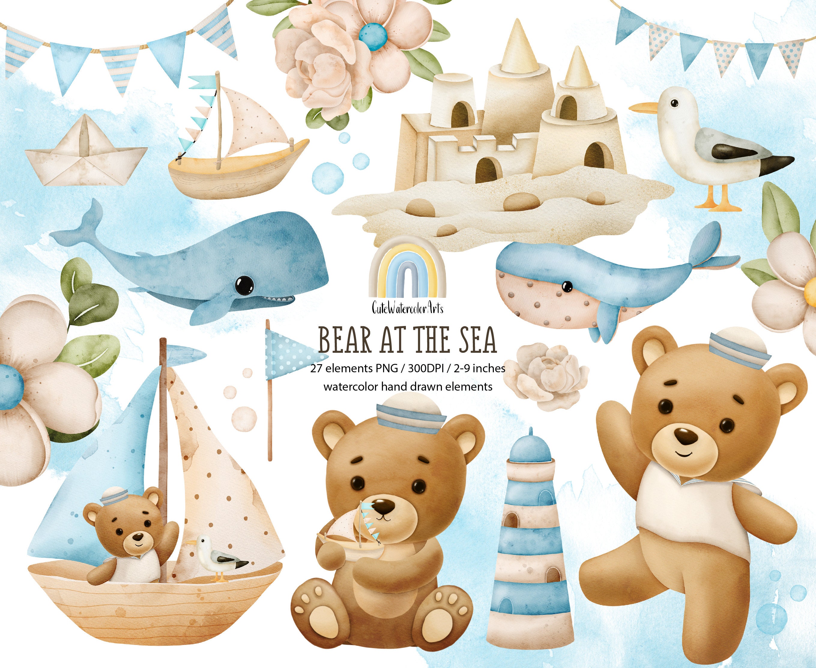 Watercolor Teddy Bear Clipart. Nautical Kids Clip Art. Baby Boy Clip ...