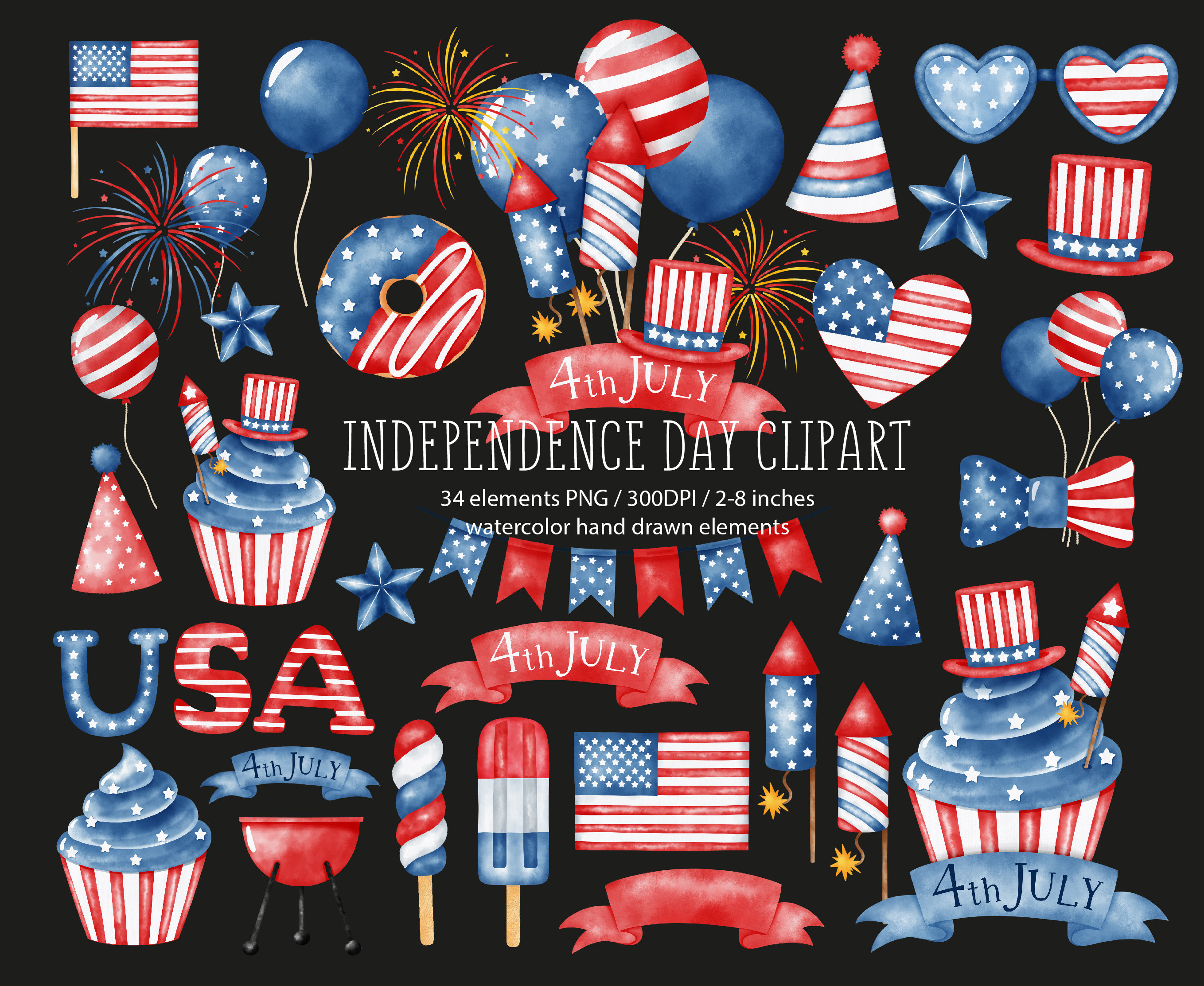 4th of July Independence Day Watercolor Clipart Fourth of - Etsy