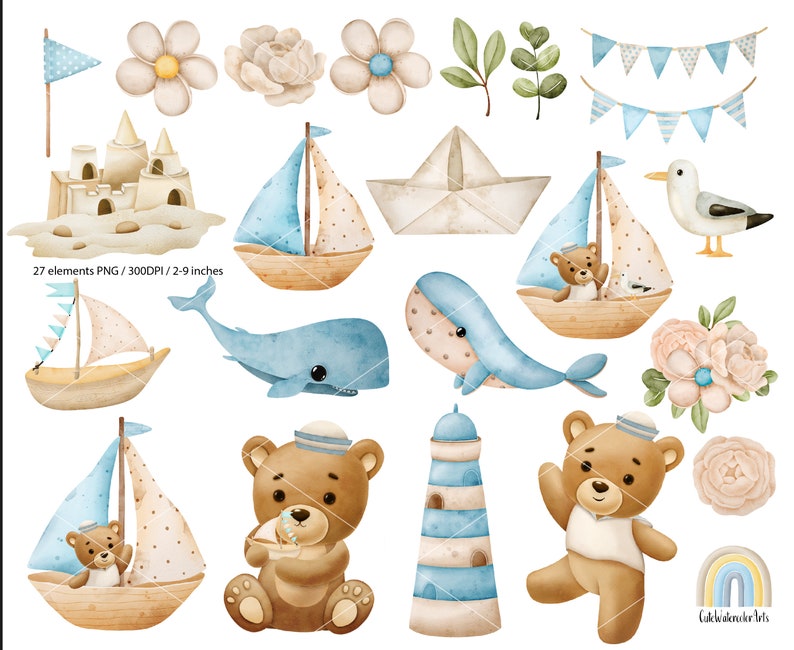 Watercolor Teddy Bear Clipart. Nautical Kids Clip Art. Baby Boy Clip ...