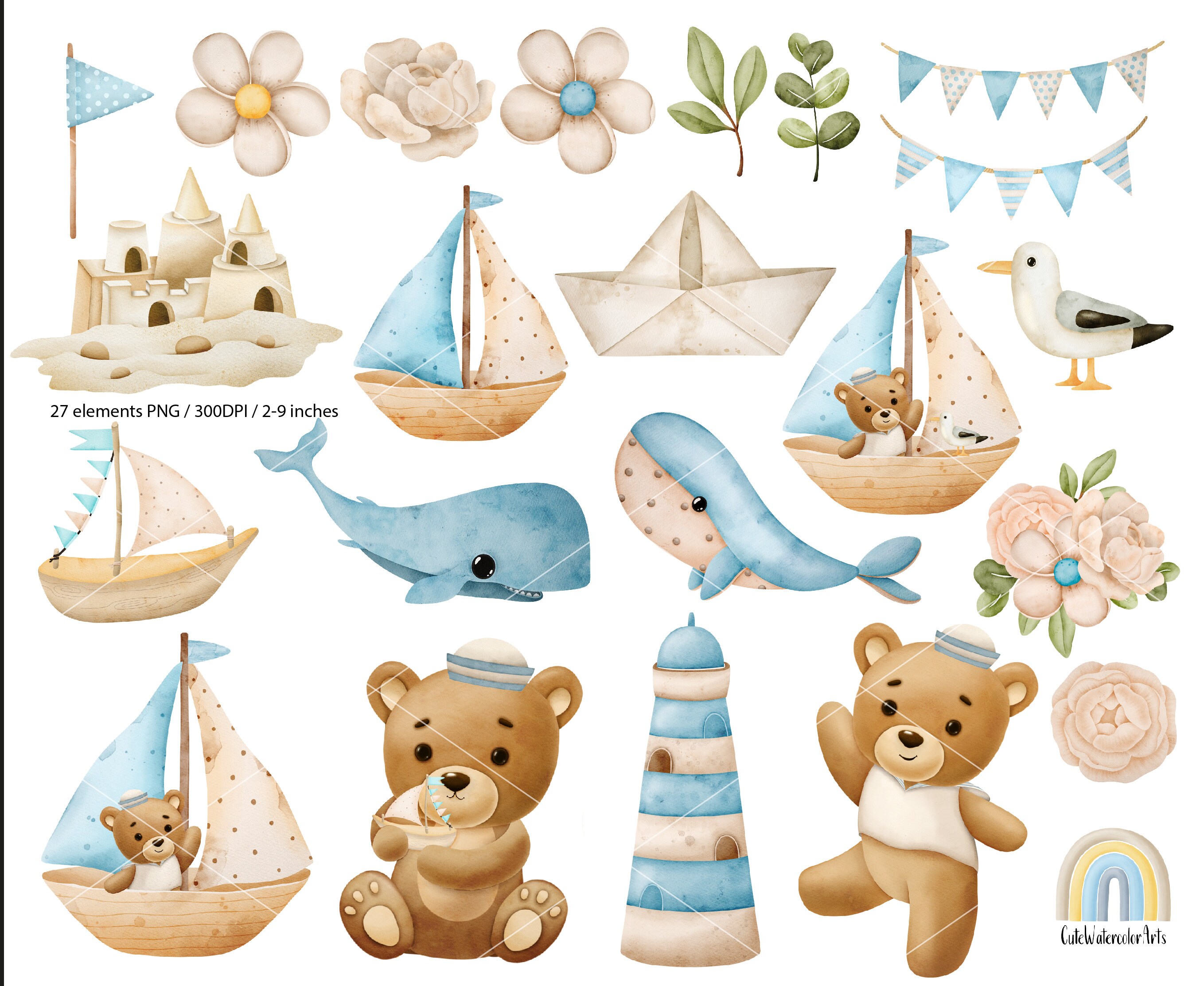 Watercolor Teddy Bear Clipart. Nautical Kids Clip Art. Baby Boy Clip ...
