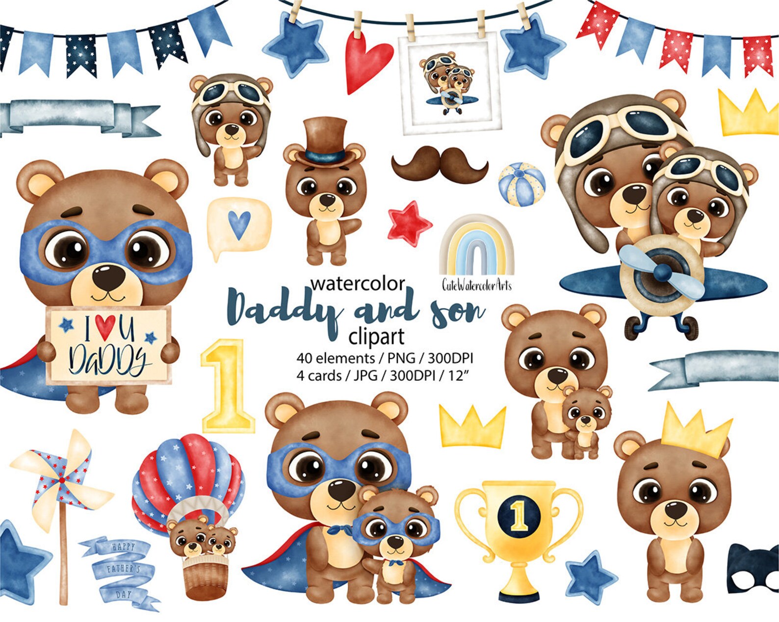 Father's Day PNG Watercolor Clipart. Super Daddy. Dad Bear - Etsy