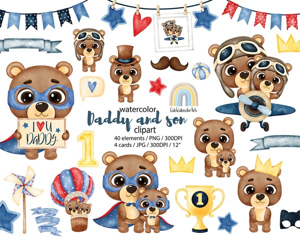 Father's Day PNG Watercolor Clipart. Super Daddy. Dad Bear Clipart ...
