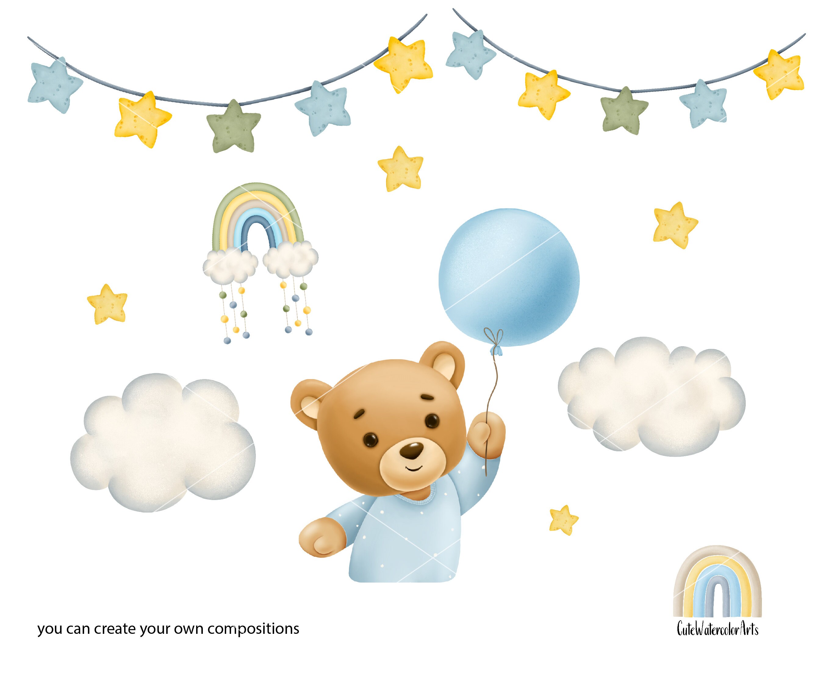 Watercolor Bears Clipart 2, Cute Teddy Bear Clipart, Baby Shower, It's ...