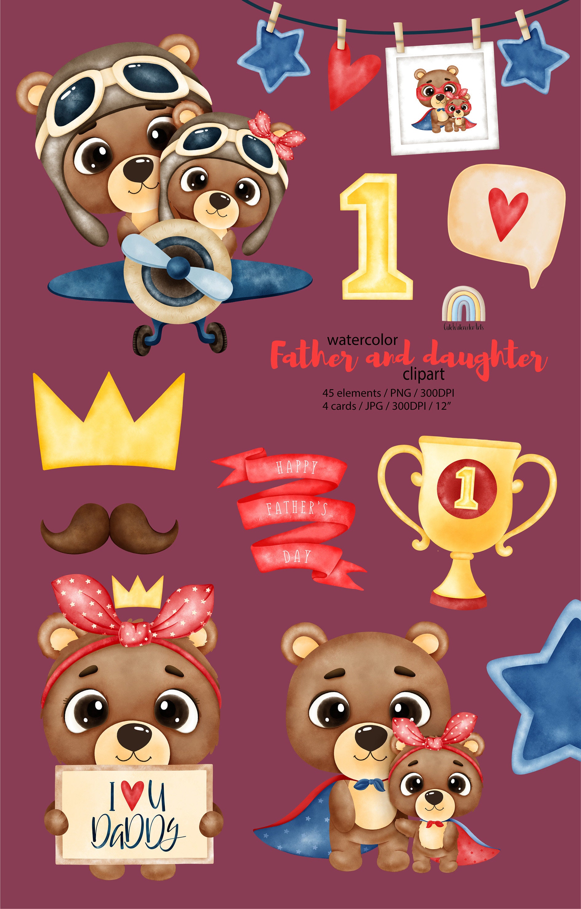 Father's Day PNG Watercolor Clipart. Baby Girl Clipart. Super Daddy ...