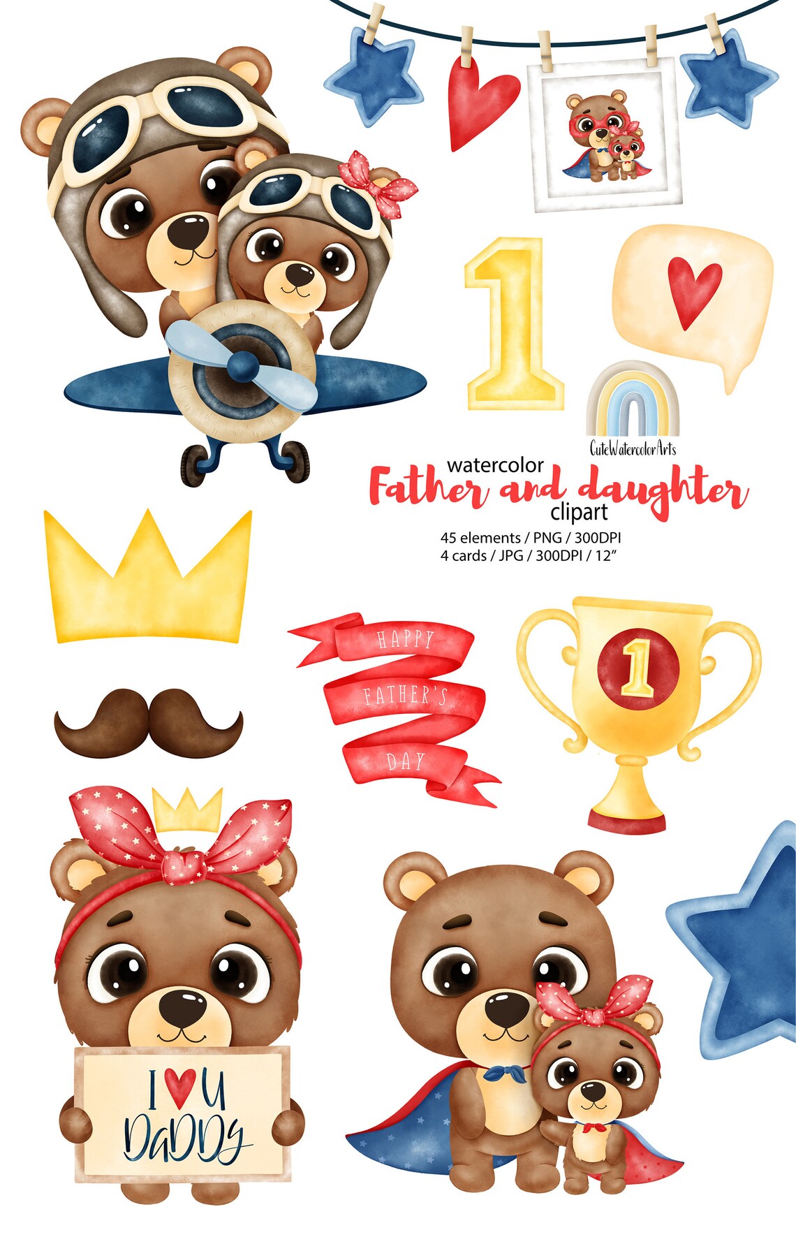 Father's Day PNG Watercolor Clipart. Baby Girl Clipart. Super Daddy ...