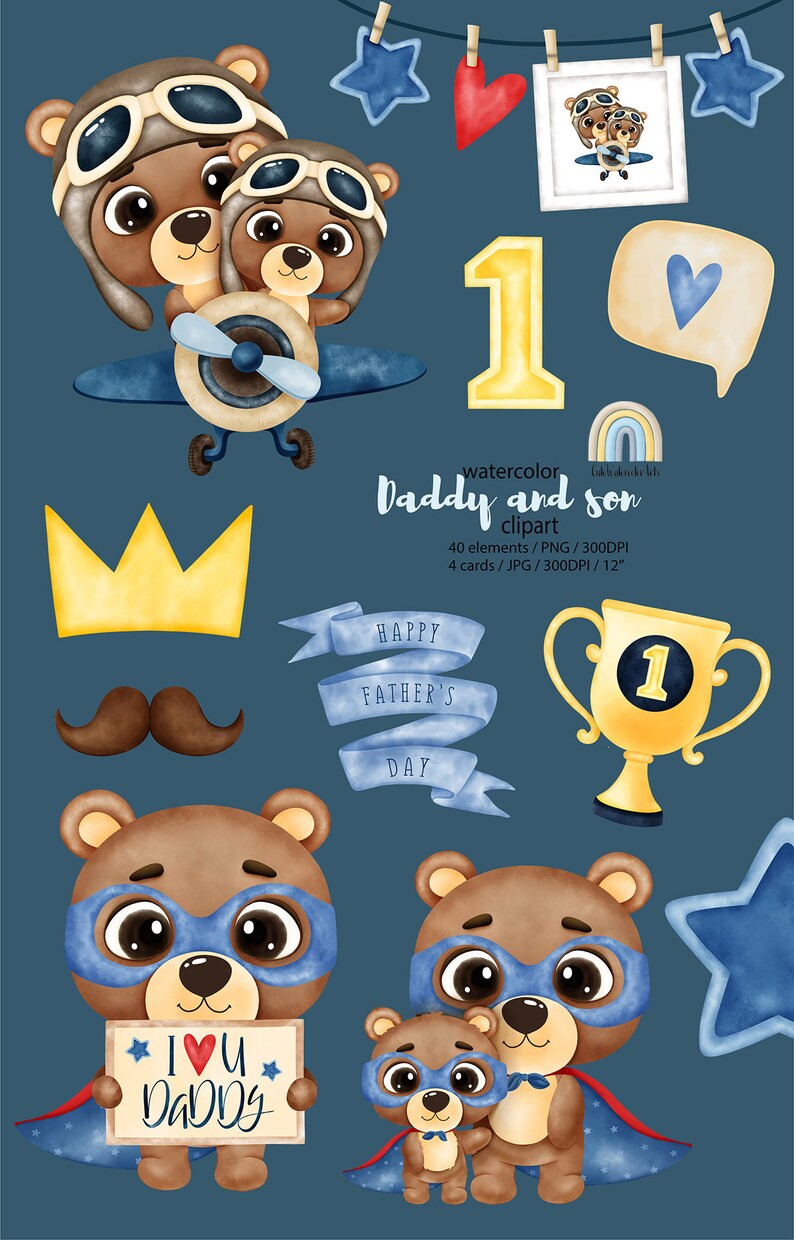 Father's Day PNG Watercolor Clipart. Super Daddy. Dad Bear - Etsy