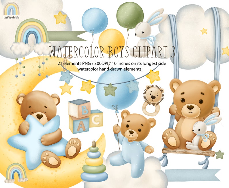 Watercolor Bears Clipart 3, Cute Teddy Bear Clipart, Baby Shower, It's ...