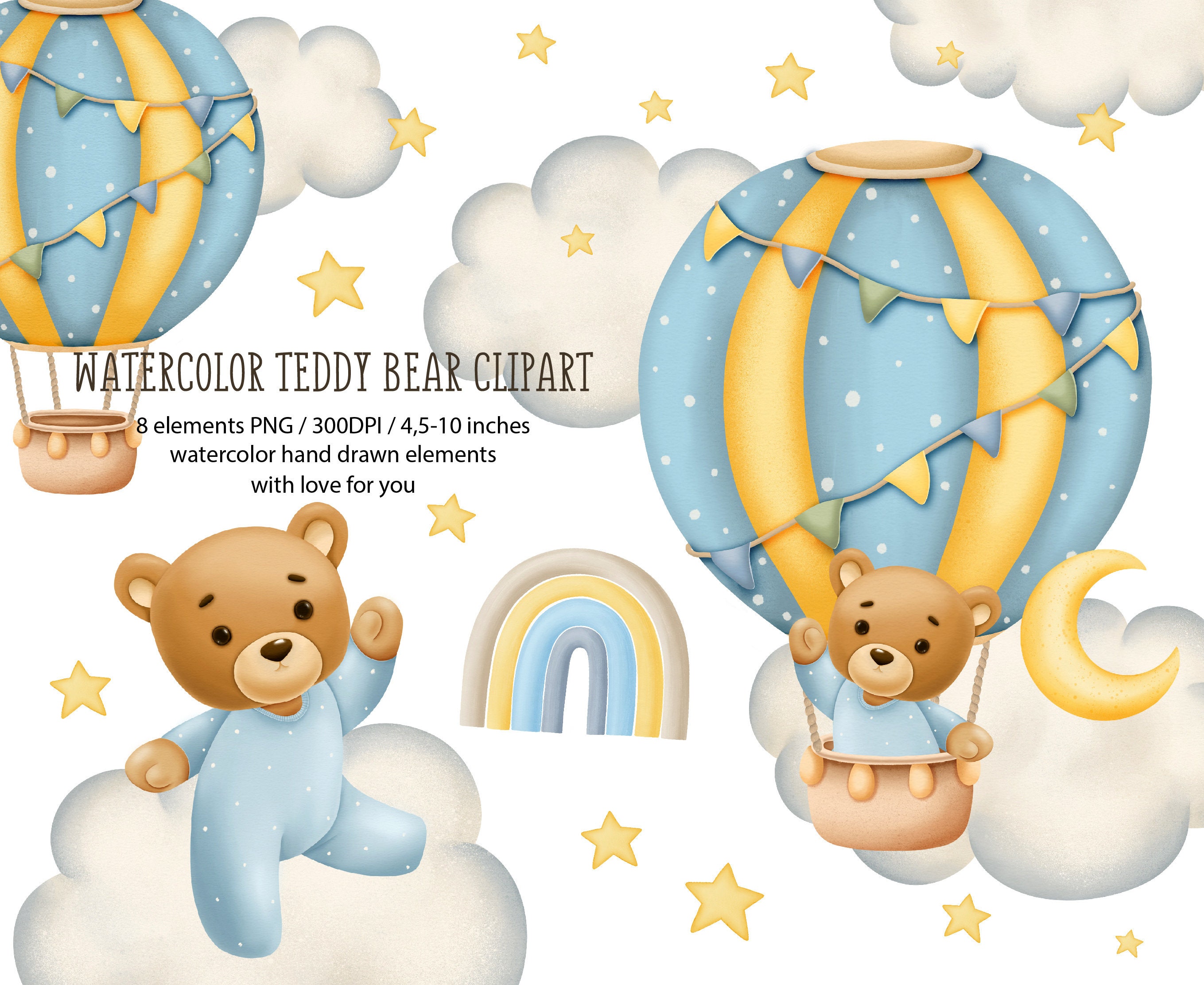 Cute Teddy Bear Clipart. Watercolor Bears Clipart. Baby Shower, It's a ...