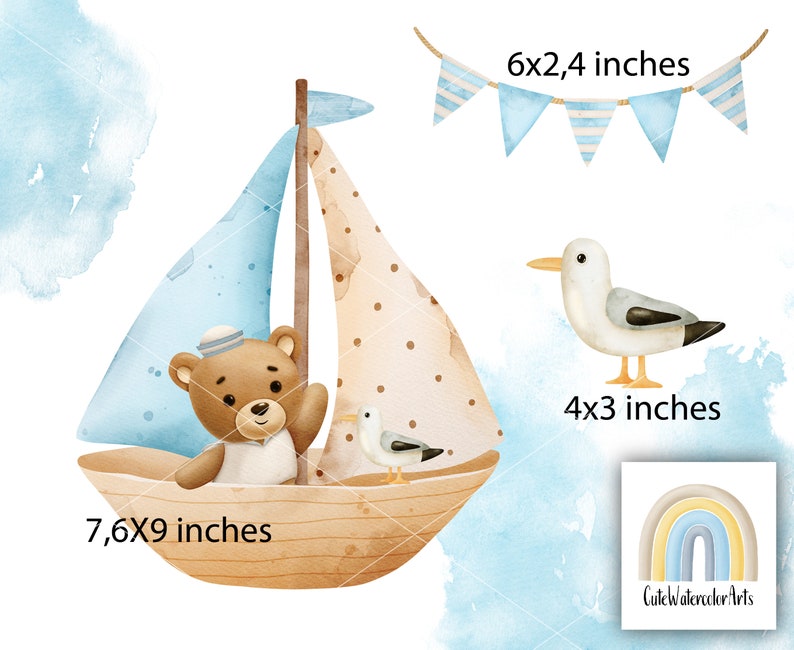 Watercolor Teddy Bear Clipart. Nautical Kids Clip Art. Baby Boy Clip ...