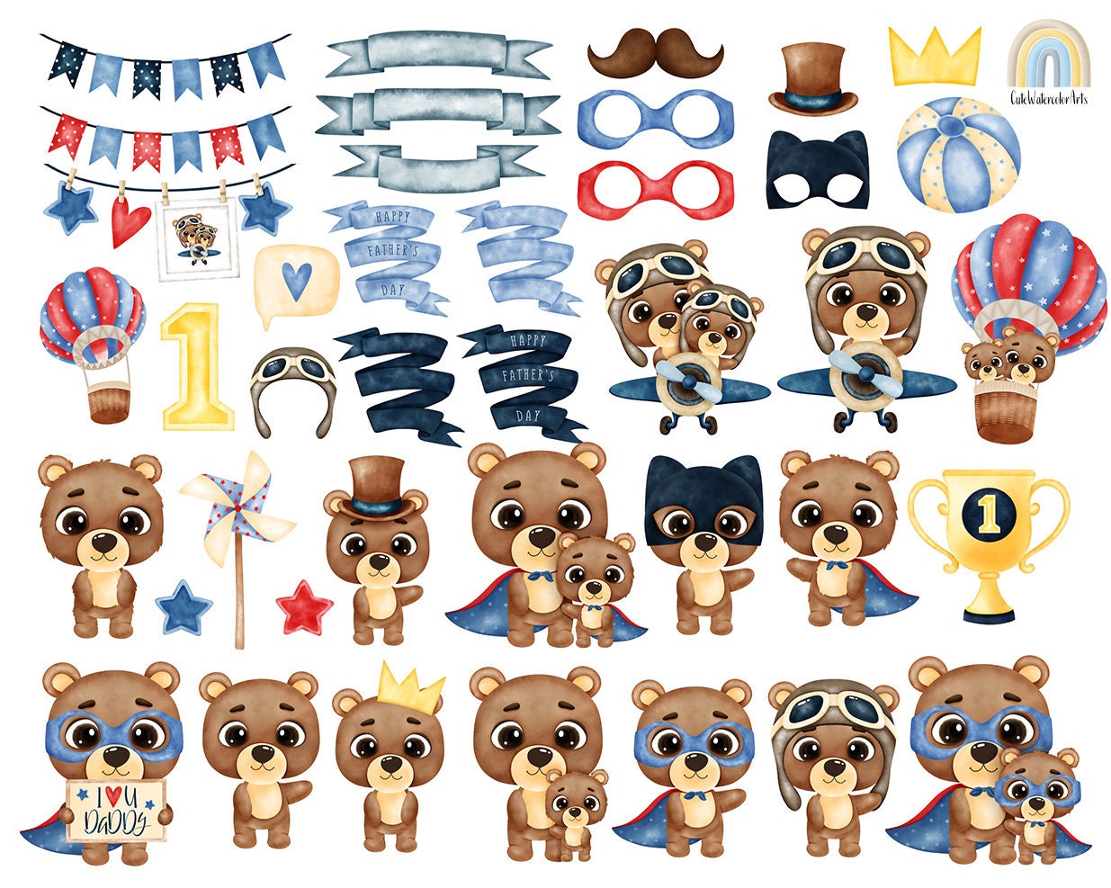 Father's Day PNG Watercolor Clipart. Super Daddy. Dad Bear - Etsy