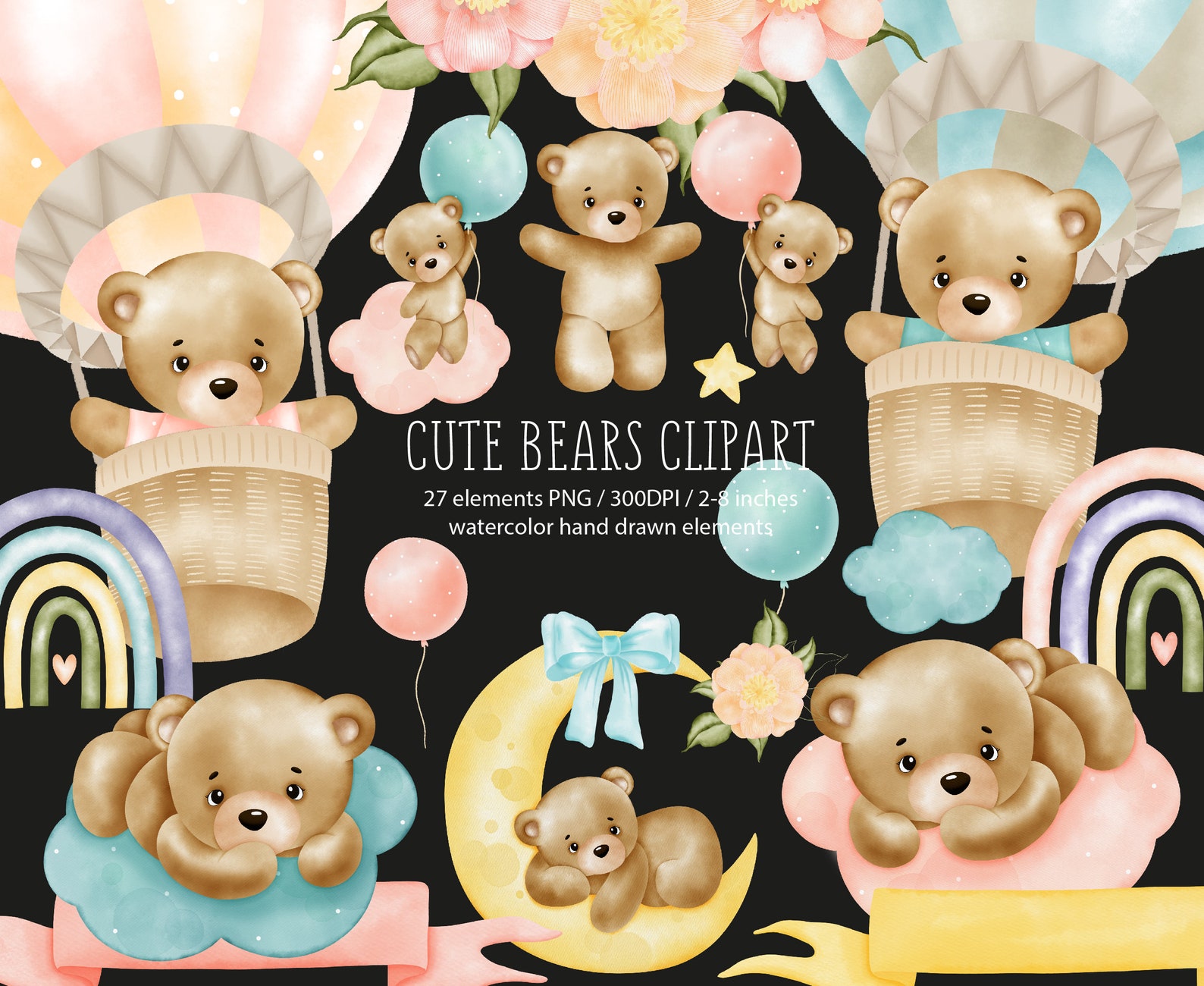 Watercolor Bears Clipart. Baby Shower Clipart It's a Boy - Etsy