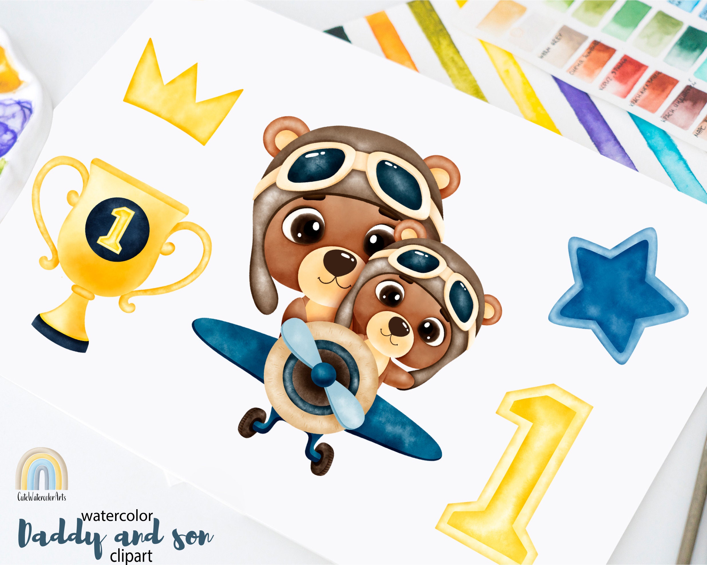 Father's Day PNG Watercolor Clipart. Super Daddy. Dad Bear - Etsy