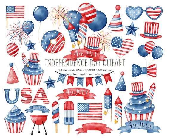 4th of July Independence Day Watercolor Clipart Fourth of - Etsy