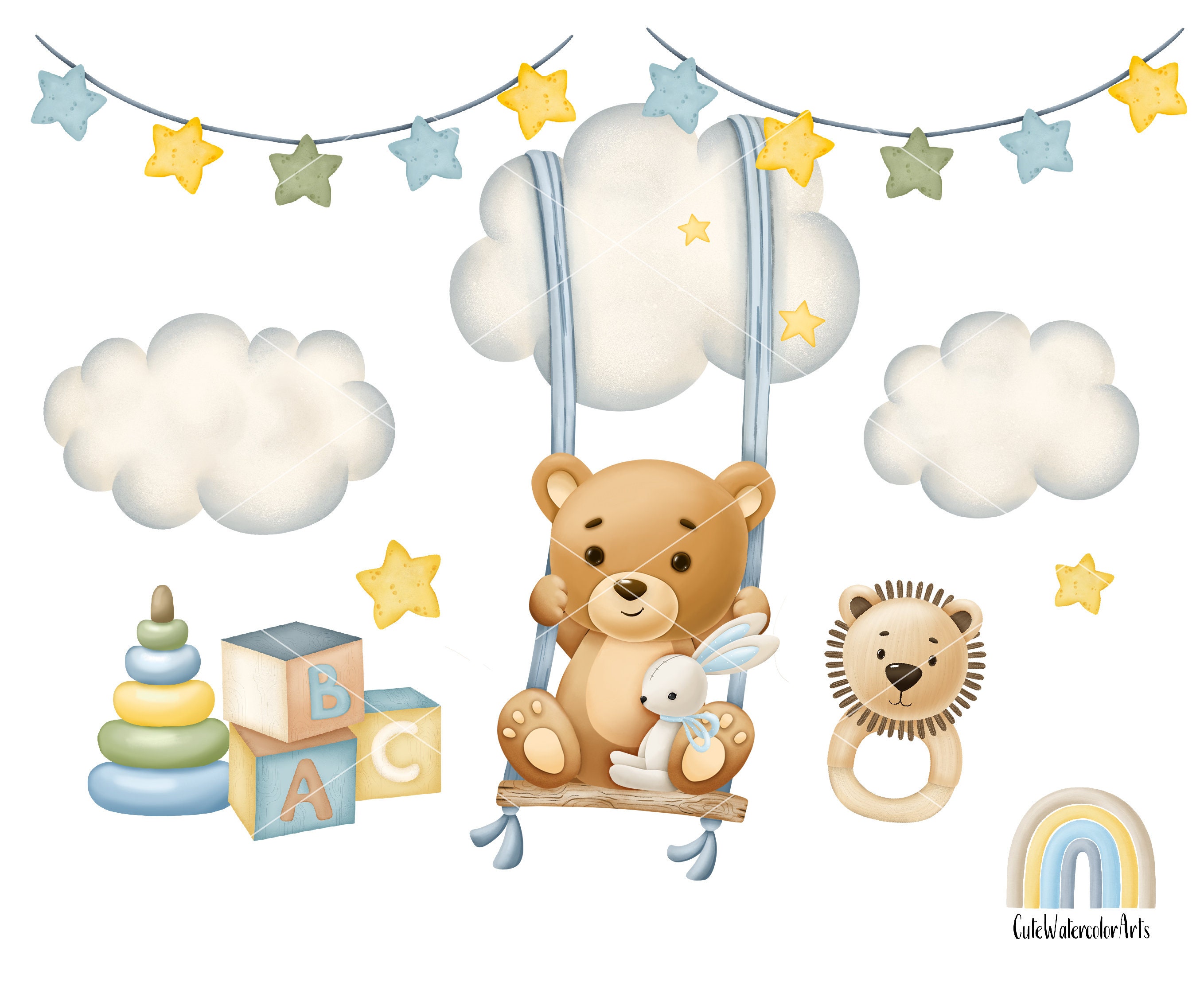 Watercolor Bears Clipart 3, Cute Teddy Bear Clipart, Baby Shower, It's ...
