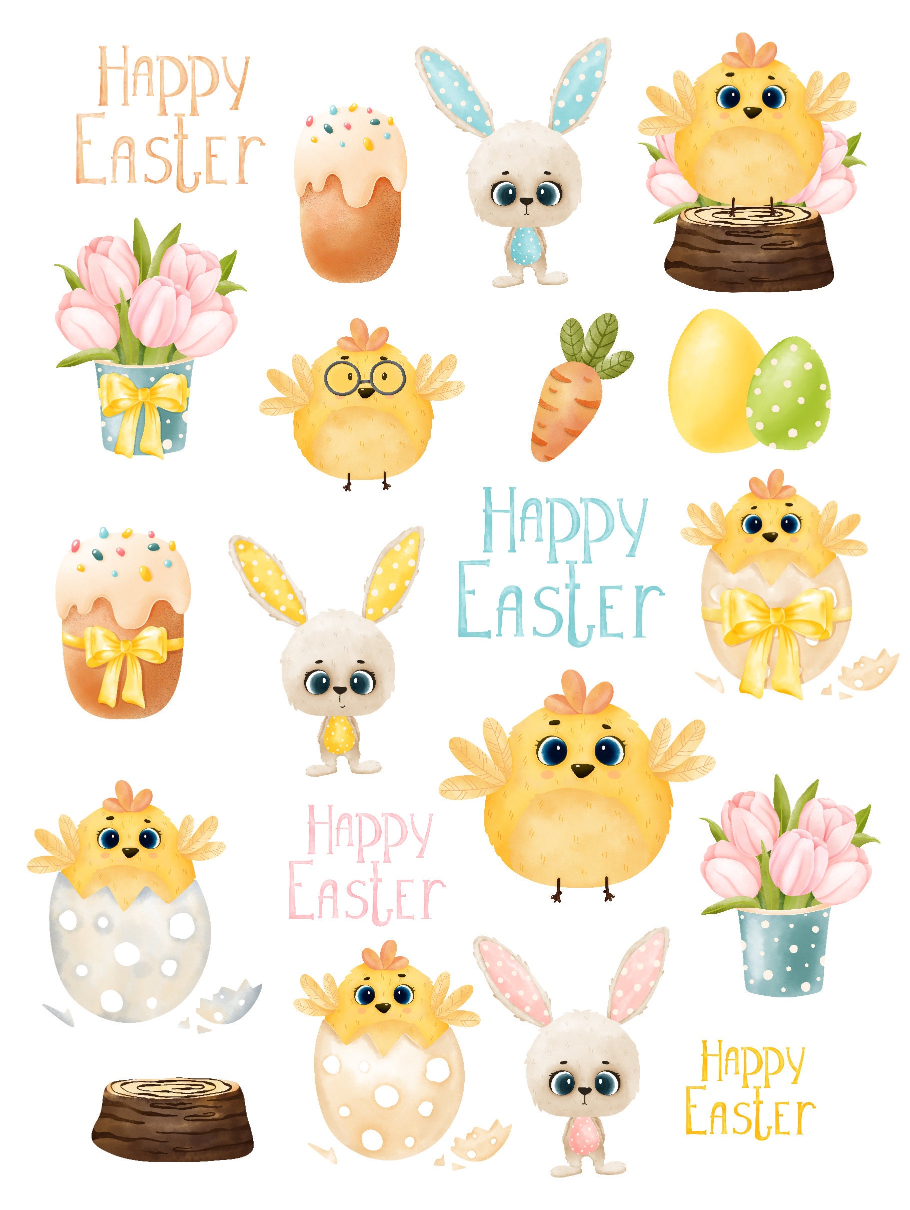 Easter Watercolor Clipart. Bunny, Chicken Eggs Clip. Happy Easter ...