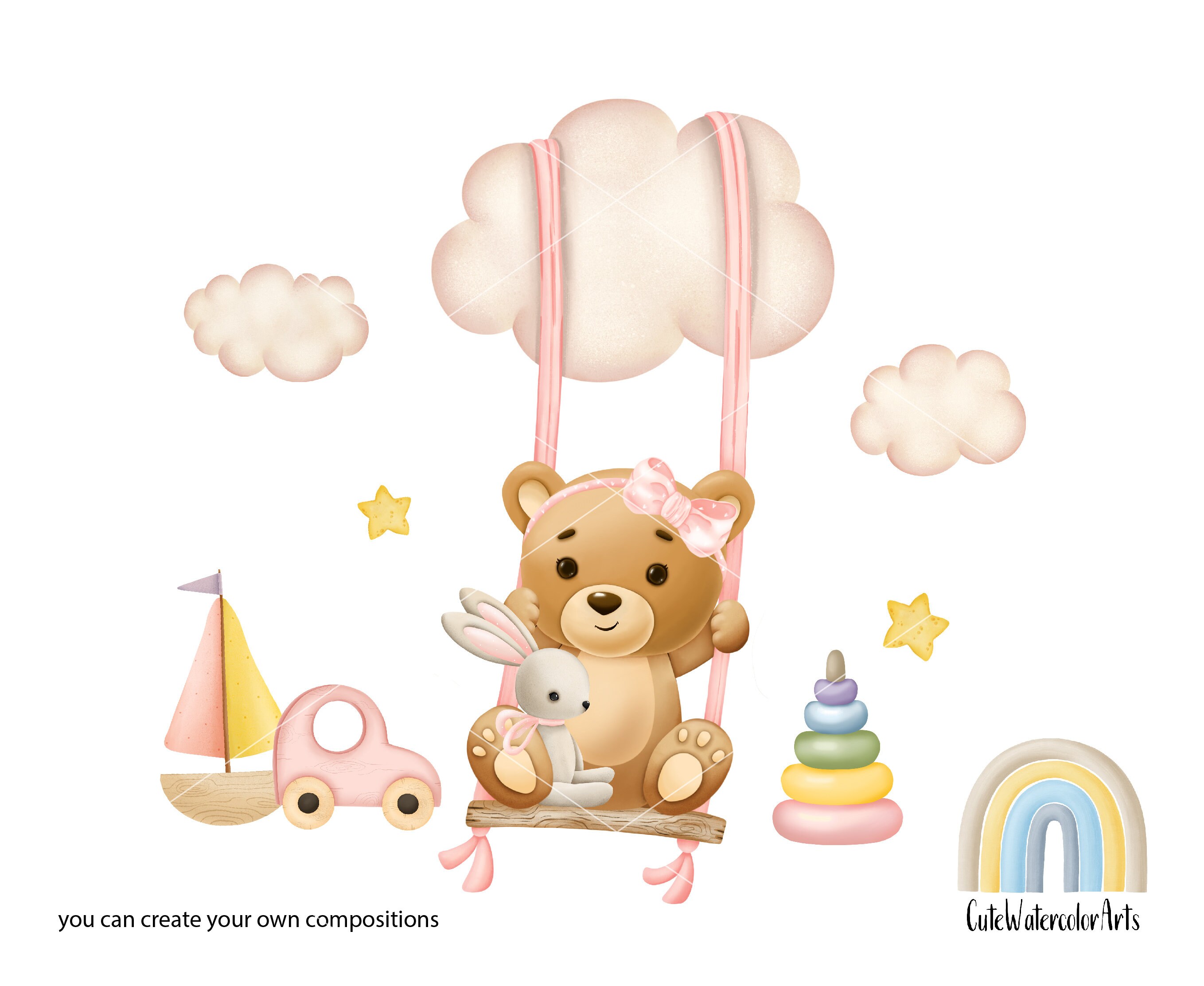 Watercolor Bears Clipart 3 Cute Teddy Bear Clipart Baby - Etsy