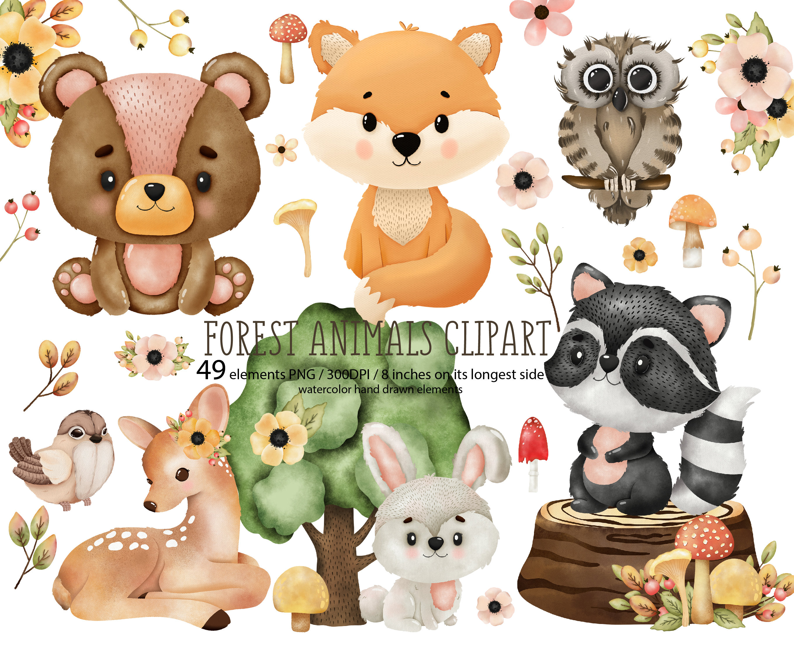 Woodland Animals Clipart. Forest Cute Baby Animals Clipart. - Etsy