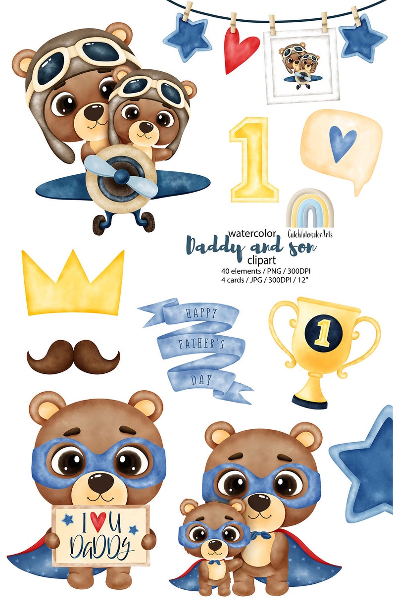 Father's Day PNG Watercolor Clipart. Super Daddy. Dad Bear - Etsy