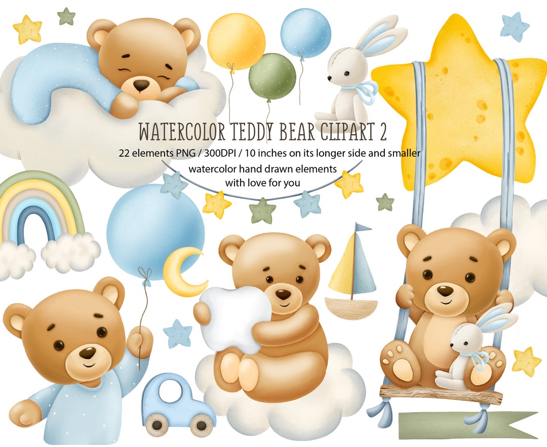 Watercolor Bears Clipart 2, Cute Teddy Bear Clipart, Baby Shower, It's ...