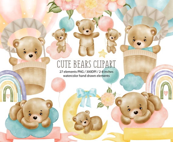 Watercolor Bears Clipart. Baby Shower Clipart It's a Boy - Etsy