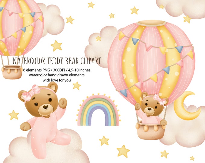 Cute Teddy Bear Clipart. Watercolor Bears Clipart. Baby - Etsy
